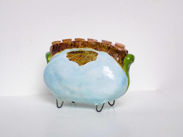 Metal-Legged Ceramic Vase With Fossil Imprint - Unique Functional Art ...