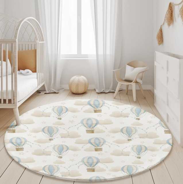 Multiple Hot Air Balloon - Baby Blue Rug, Round Carpet, Kids Decor ...