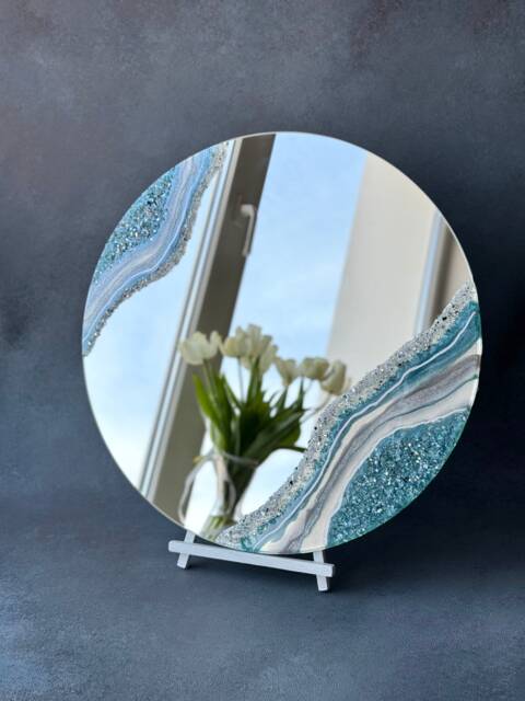 Blue Crystal Epoxy Resin Mirror, Wavy Entryway Ocean Art Decorative ...