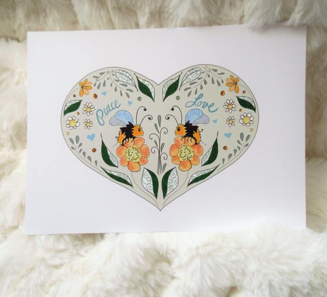 Bee Heart Art Print Peace & Love Illustration - 5x7 by Etsy | ufurnish.com