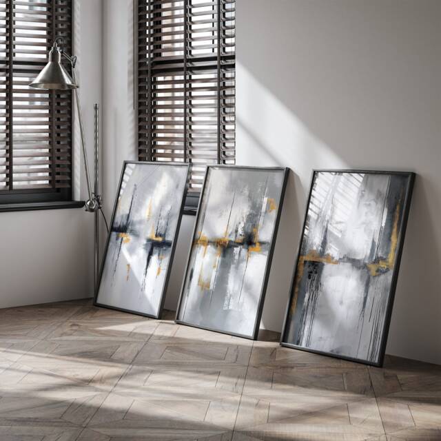 Gray & Gold Abstract Wall Art Prints - Set Of 3 Modern Grey Painting ...