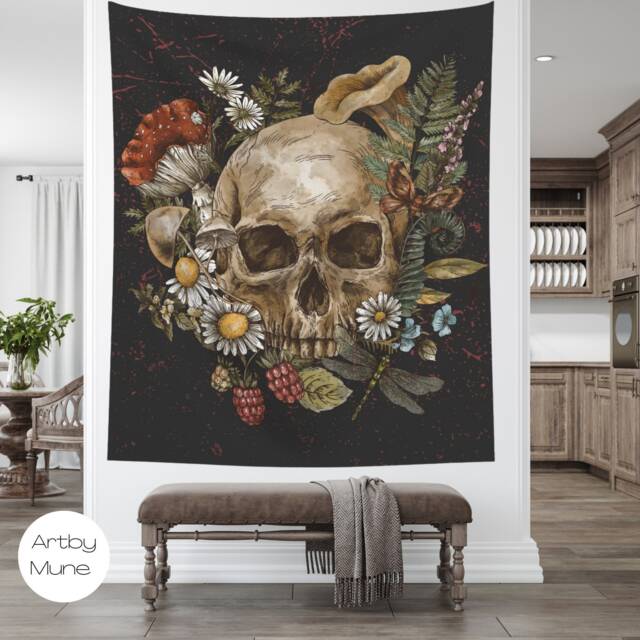 Skull Tapestry Skeleton Flower Human With Psychedelic Nebula Starry Sky ...