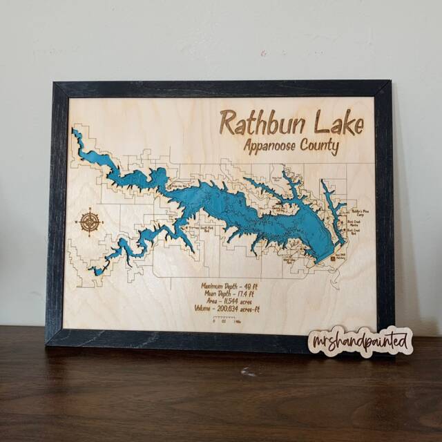 Laser Cut Engraved Wood Lake Map - Rathbun Appanoose County Iowa by ...