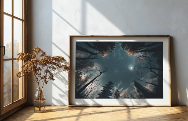 Moon & Stars Wall Art Dark Forest Landscape Nature Decor Night Sky View ...
