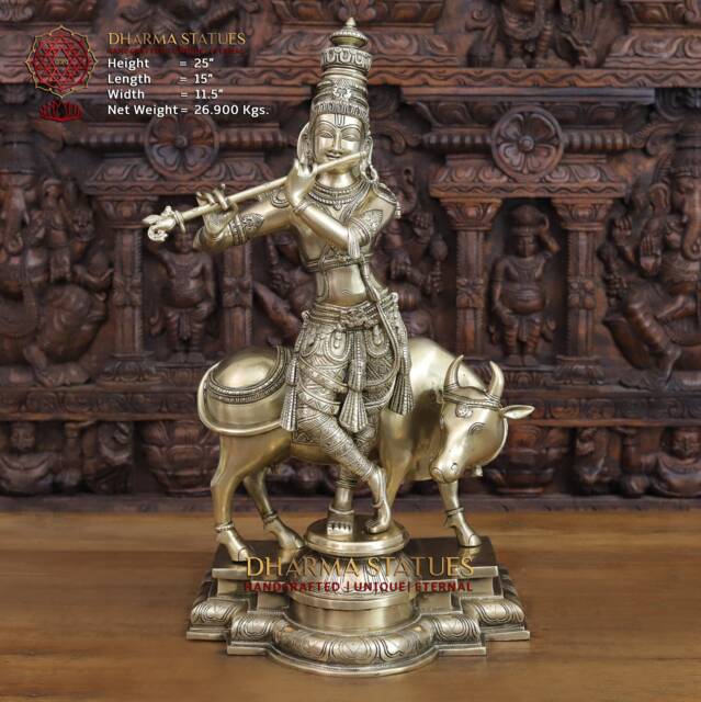 Brass Ornamented Krishna Playing Flute With Auspicious Nandini Cow ...