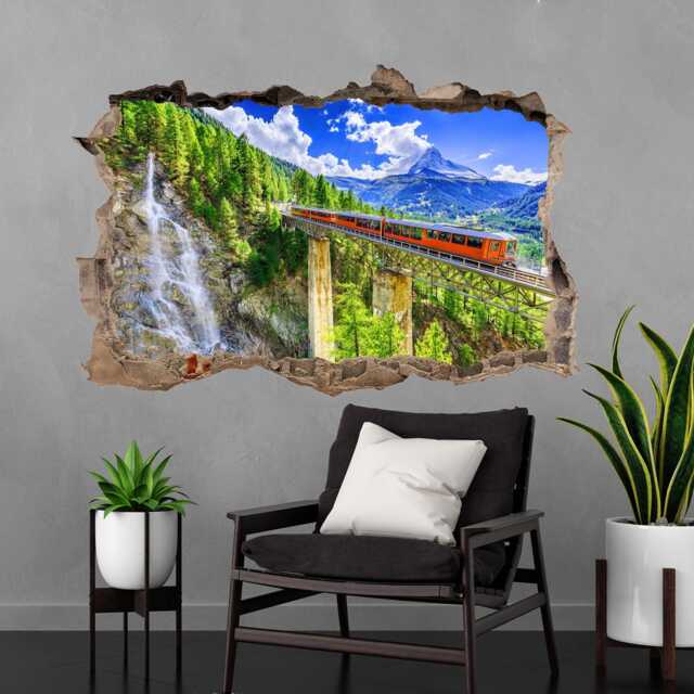 Train Rail Bridge Wall Decal Sticker - Waterfall Switzerland Mural ...