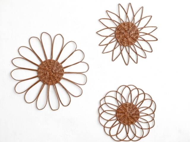 Set Of 3 Wicker Wall Flowers, Hanging Decor Wicker Daisy, Boho Nursery ...