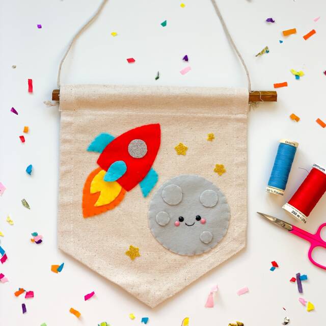 Space Ship Pennant Flag, Felt Happy Moon Wall Hanging, Cute Nursery Art ...