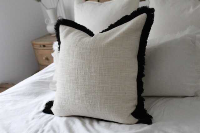 Beige & Black Fringe Cushion With Duck Feather Insert 45x45cm, Black Cushions, Frayed Farmhouse ...