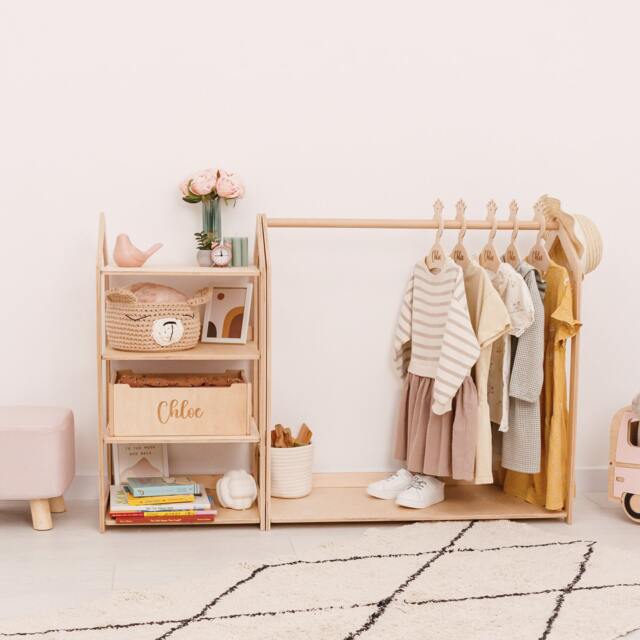 Montessori Wooden Clothing Rack With Shelf & Custom Hangers, Wardrobe ...