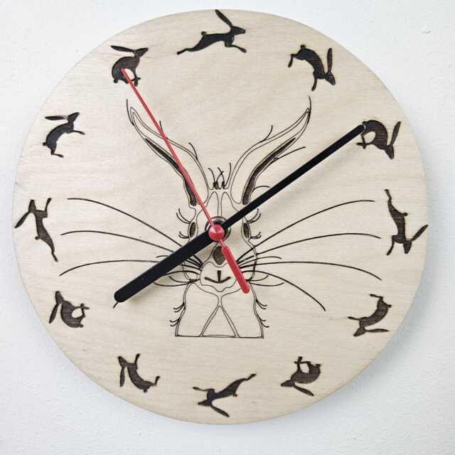 The Smiling Hare Wooden Wall Clock, Engraved Birch Rustic Decor ...