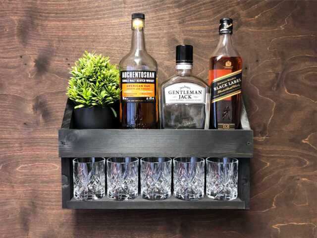 Personalised Wooden Rum Whisky Bottle Shelf & Tumbler Holder - Black ...