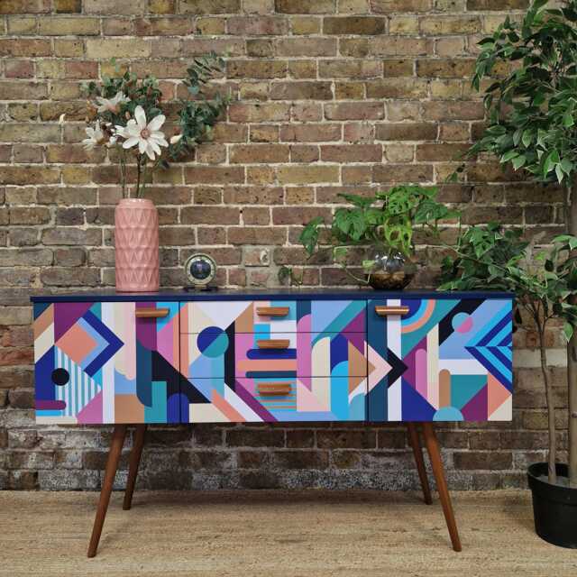 Decoupaged Colourful Geometric Design Mid Century Hand Painted ...