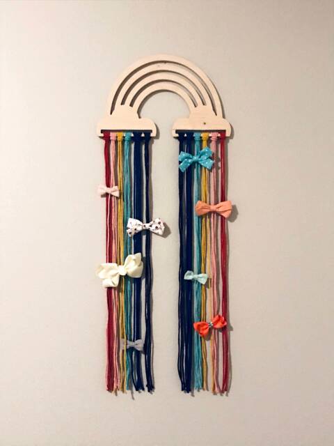 Rainbow Macrame Wall Hanging, Hair Bow Holder, Nursery Decoration, Cnc Carved Rainbow, Bohemian ...