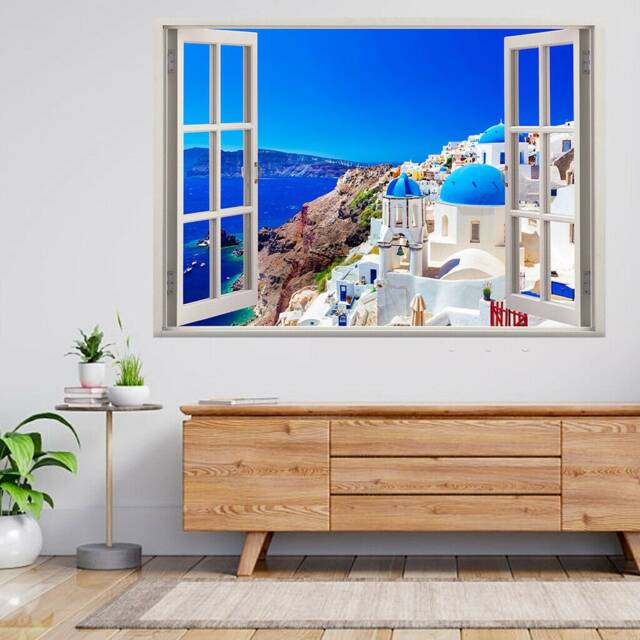 Santorini Island Greece Blue Dome 3D Window View Wall Sticker Poster ...
