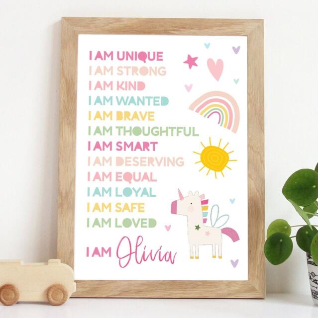 I Am Affirmation Print, Girls Nursery Prints, Bedroom Unicorn, Rainbow ...