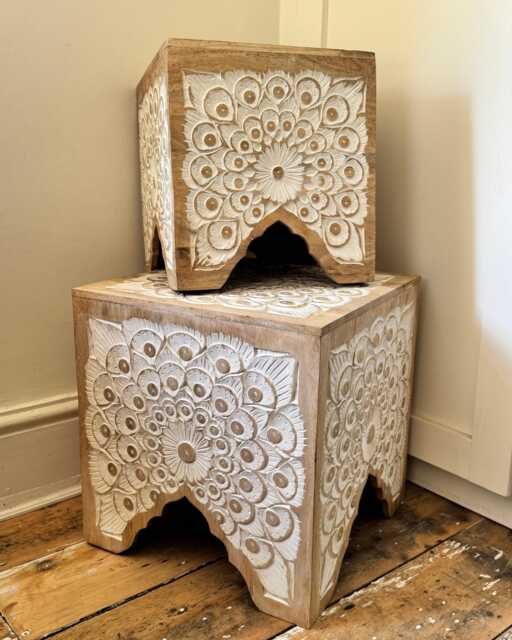 Set Of 2 Hand-Carved Mango Wood Stools - Mandala Floral Design ...