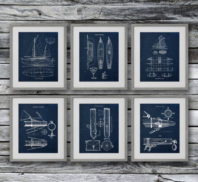 Yacht Blueprints Sailing Wall Art Set Of 6 Unframed Prints Navy ...