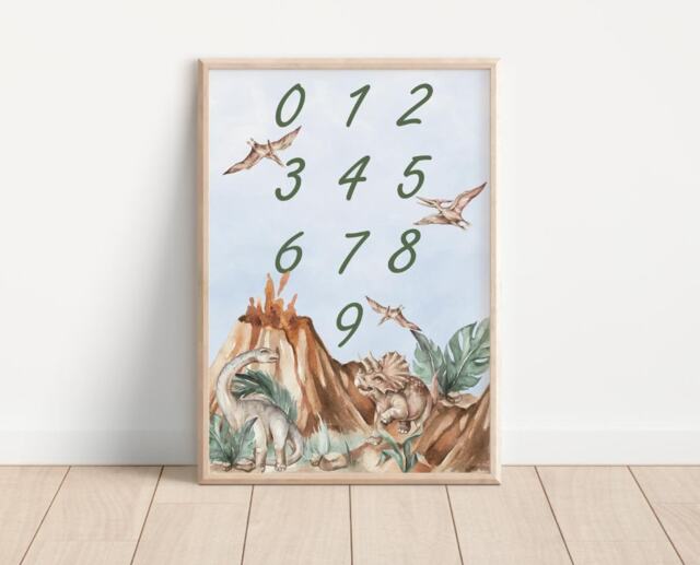 Poster For The Wall Educational With Numbers Dinosaurs Dino Watercolor ...