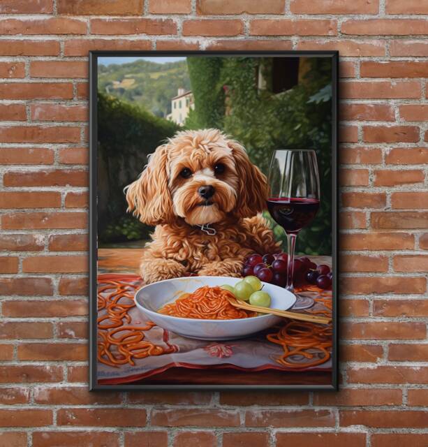 Italian Inspired Cavapoo Eating Spaghetti Funny A4 Art Print, Kitchen ...
