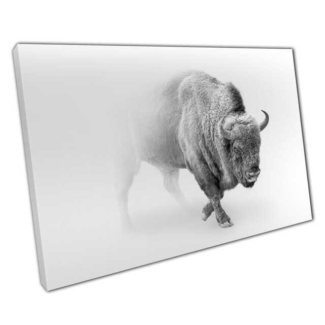 Wild Bison in Mist Grayscale Canvas Wall Art For Home Office Decor by ...
