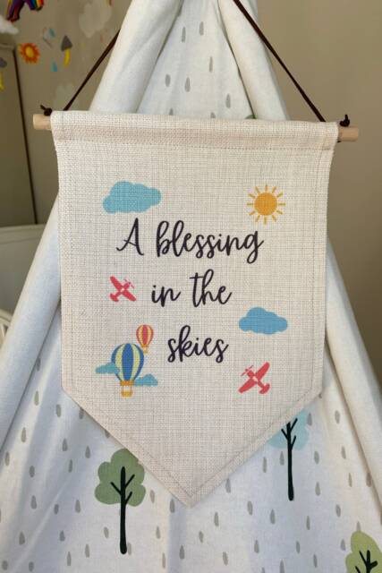 A Blessing in The Skies - Personalised Name Linen Style Hanging Pennant ...