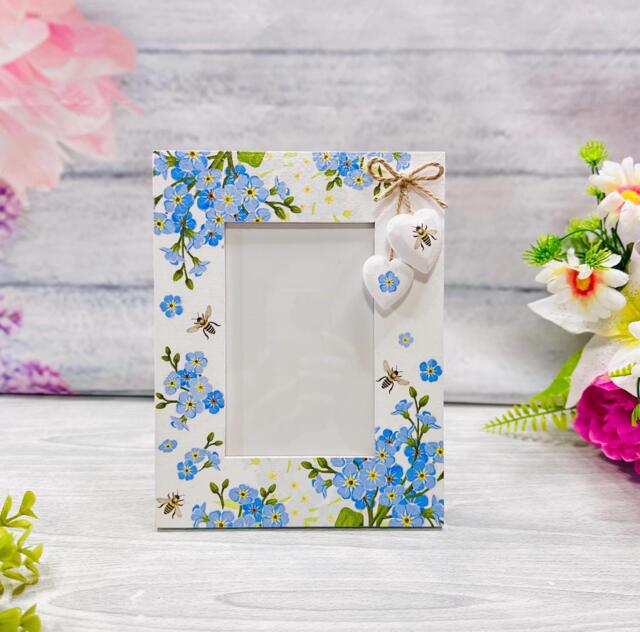 Robin & Forget Me Not Flower Photo Frame, Floral Frame, Wooden Frame ...