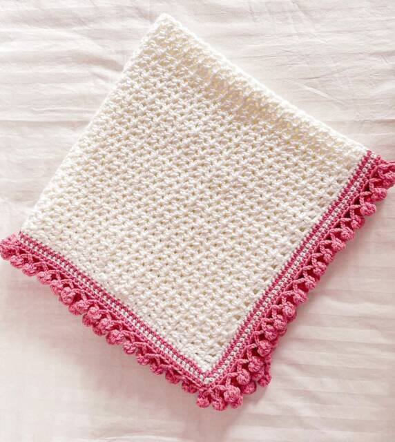Handcrafted Crochet Baby Blanket - White + Pink Pom-Pom Border Cot Pram ...