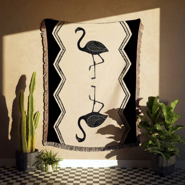 Black & Beige Art Deco Flamingo Woven Cotton Throw Blankets by Etsy ...