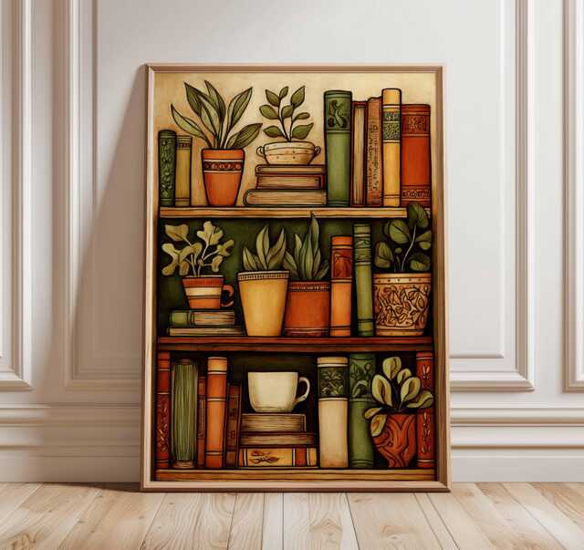 Vintage Bookshelf Poster, Cozy Wall Art, Botanical Book Print, Reading ...