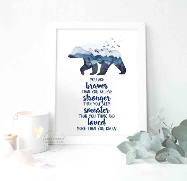 You Are Braver Print, Typography Wall Art, Framed Posters, Nursery ...