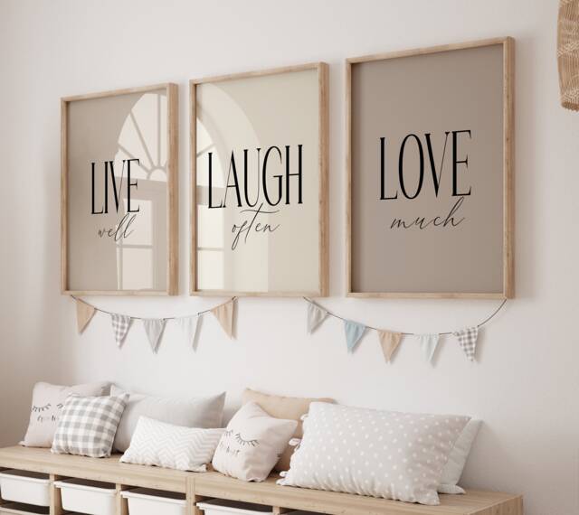 Set Of 3 Beige Bedroom Prints, Live Love Laugh Print, Above Bed Decor ...