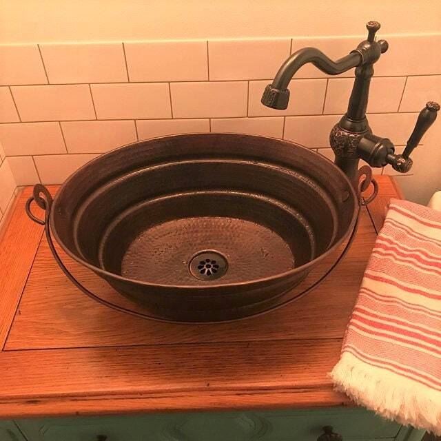"Oval Copper Bucket Vessel Vanity Bathroom 16"" Sink With Drain Choice ...