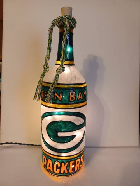 Green Bay Packers Inspired Wine Bottle Lamp Hand Painted Lighted ...