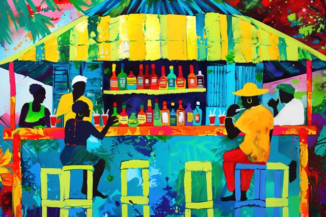Bar in Haiti Art With Yellow Roof & Haitians Drinking Rum Bottles ...