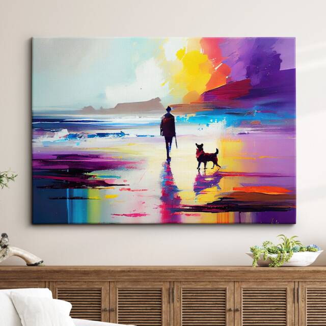 Calm Sunset Beach Walker With Dog Abstract Painting Sea Splatter Wall ...