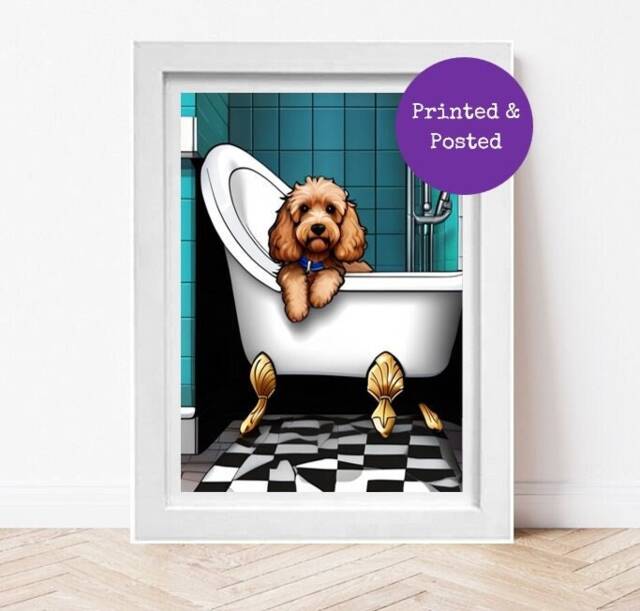 Cockapoo in Bath - Cockerpoo Bathtub Print Funny Dog Picture Bathroom ...