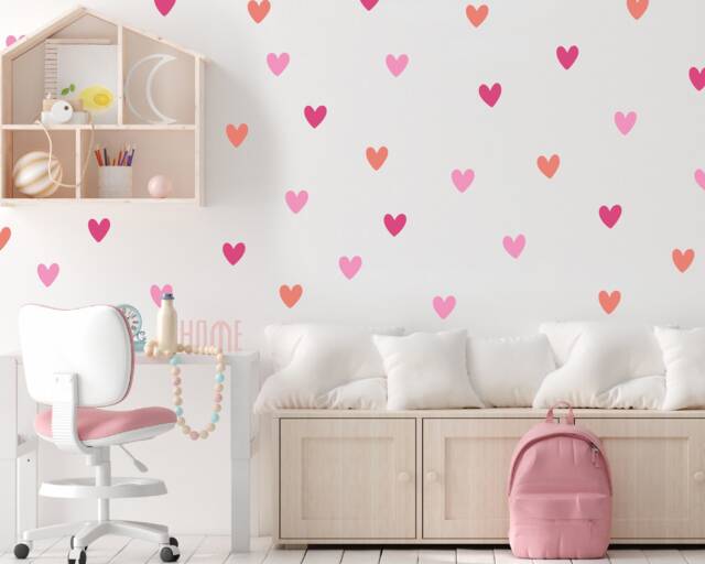 100 Heart Wall Decals Pink Stickers, Nursery Peel & Stick Decals, Kids ...