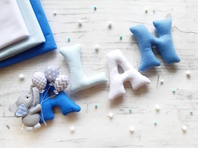 Blue Baby Name Banner, Elephant Felt Garland, Boy Nursery Wall Decor ...