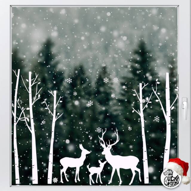 Birch Tree Stag Deer Christmas Scene Window Sticker - Dizzy Duck Winter ...