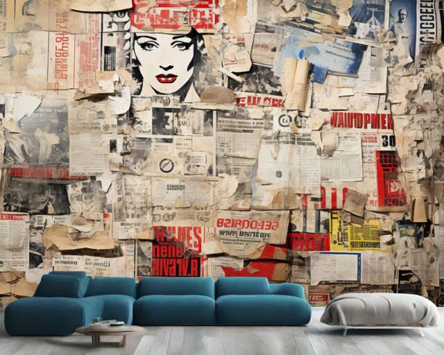 Newspaper Magazine Collage Decor Gift, Art Print Photomural Wallpaper ...
