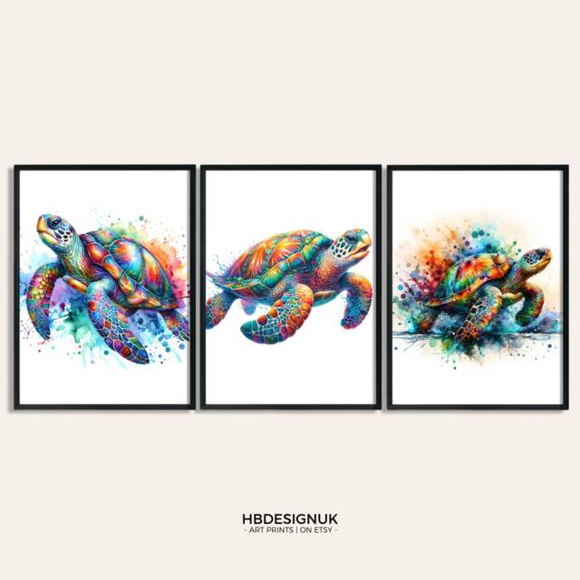 Sea Turtle Print Set - Of 3 Posters - Colourful Watercolour Painting ...