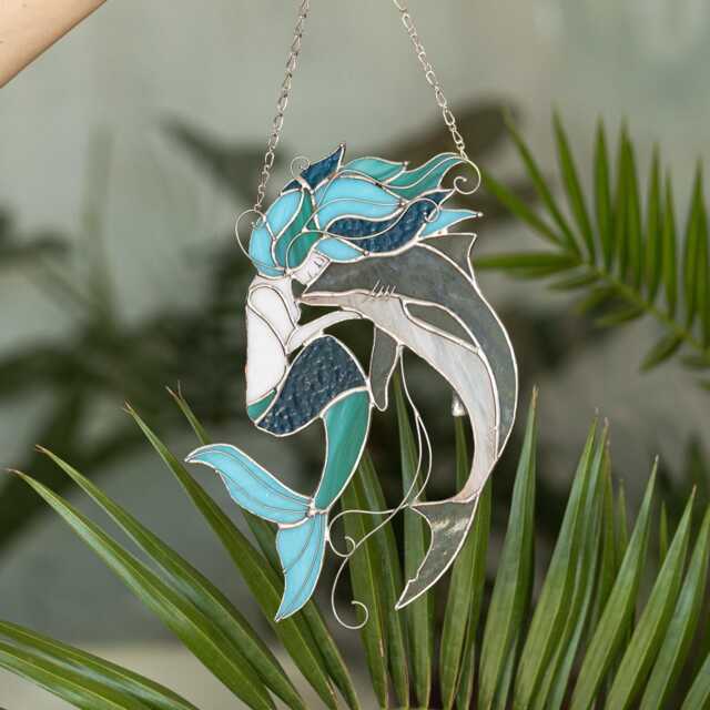 Mermaid Shark Suncatcher Stained Glass Nixie Decor Blue Water Nymph ...