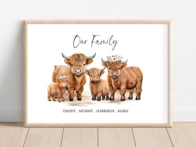 Personalised Highland Cow Family Gift Print Up To 8 Members Unframed ...