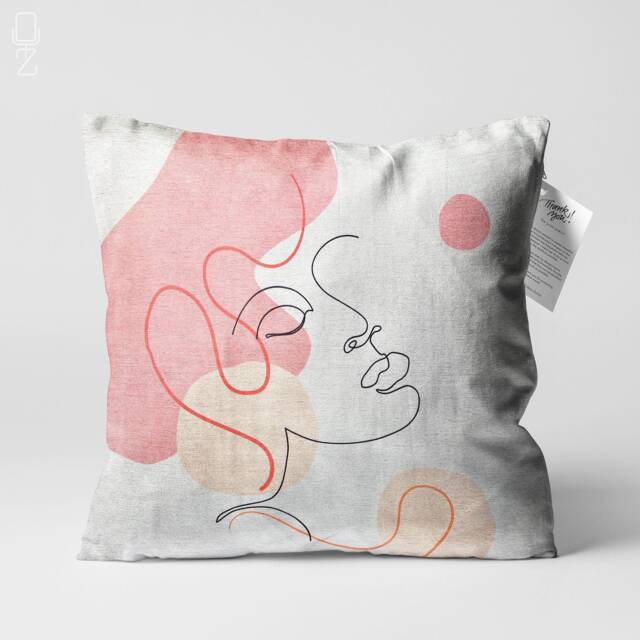 Pillow Cover With Pink & Ecru Abstract Face Pattern, Double Sided Printing On Soft Chenille ...