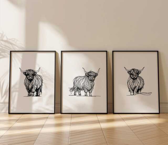 Highland Cow Line Art Prints, Decor, Gifts, Cow Line Art, Art, Set Of ...