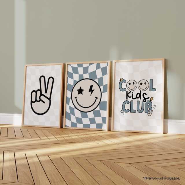 Set Of 3, Checkerboard Retro Style Prints, Smile Face Cool Kids Club ...