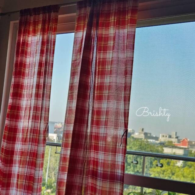 Checkered Plaid Cotton Farmhouse Curtains, Set Of Two Semi Sheer Rustic ...