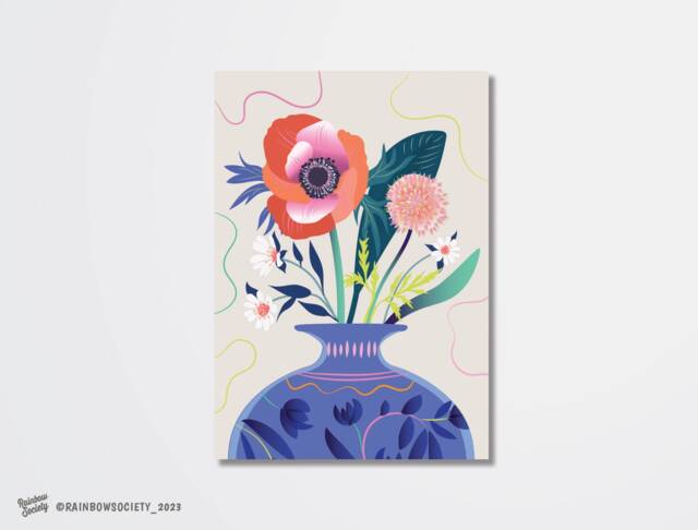 Boho Flower Print - Blue Flower Print Poster Boho Wall Art Vase Pink ...