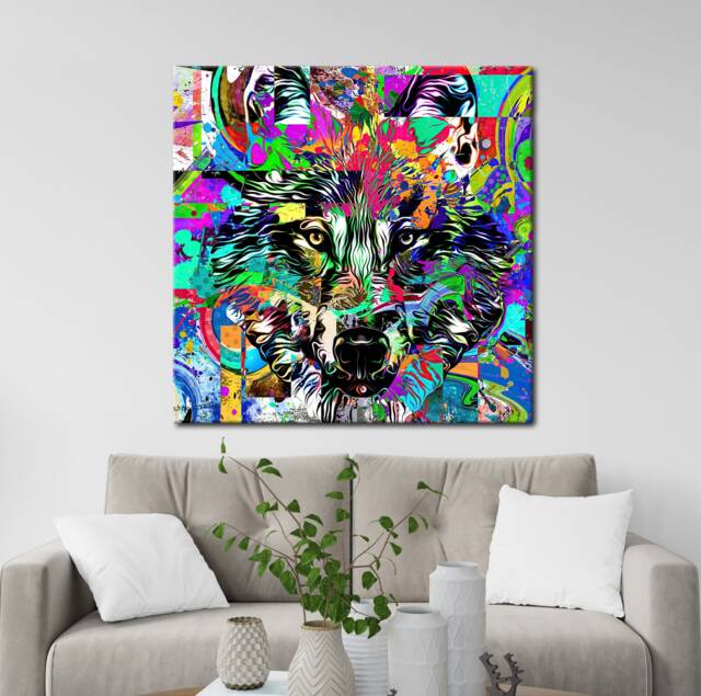 Black Wolf Drawing, Colorful Background, Canvas Design, Abstract ...